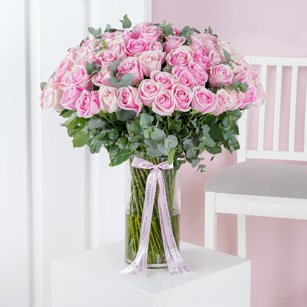 100 Pink Roses - Vase | Free Same-Day Delivery to all Emirates - Flowers.ae