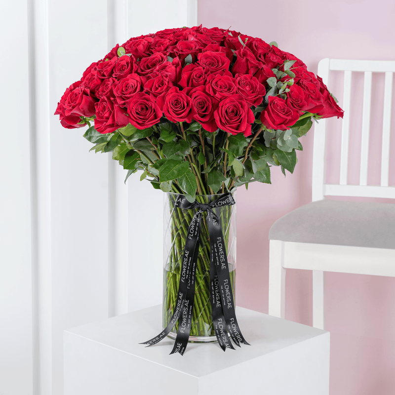 50 Red Roses - Vase | Free Same-Day Delivery to all Emirates - Flowers.ae